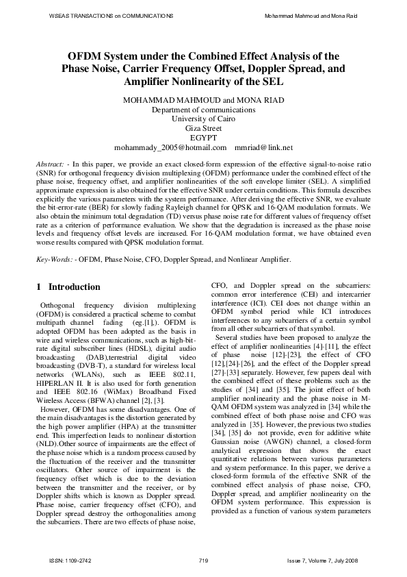 Pdf Ofdm System Under The Combined Effect Analysis Of The Phase Noise