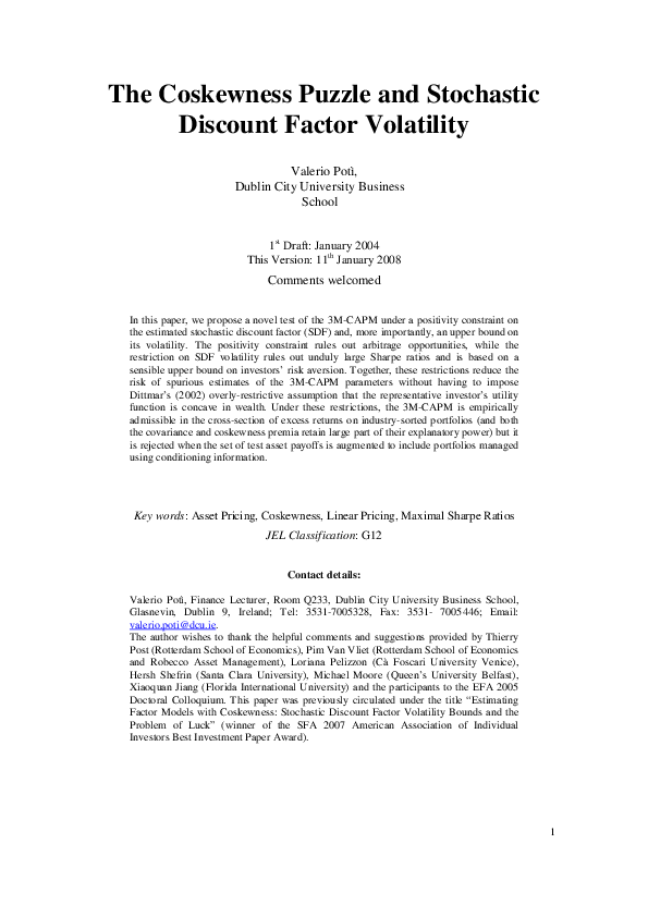 (PDF) The Coskewness Puzzle and Stochastic Discount Factor Volatility (PDF) The Coskewness Puzzle and Stochastic Discount Factor Volatility