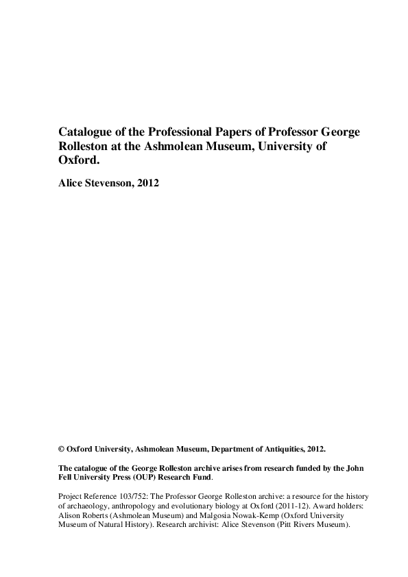 (PDF) Catalogue of the Professional Papers of George Rolleston