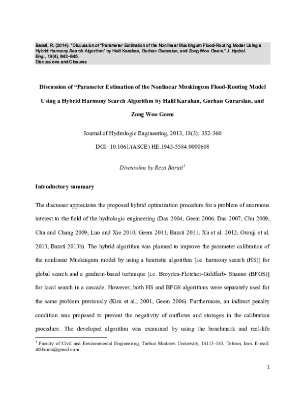 Pdf Discussion Of “parameter Estimation Of The Nonlinear Muskingum Flood Routing Model Using A