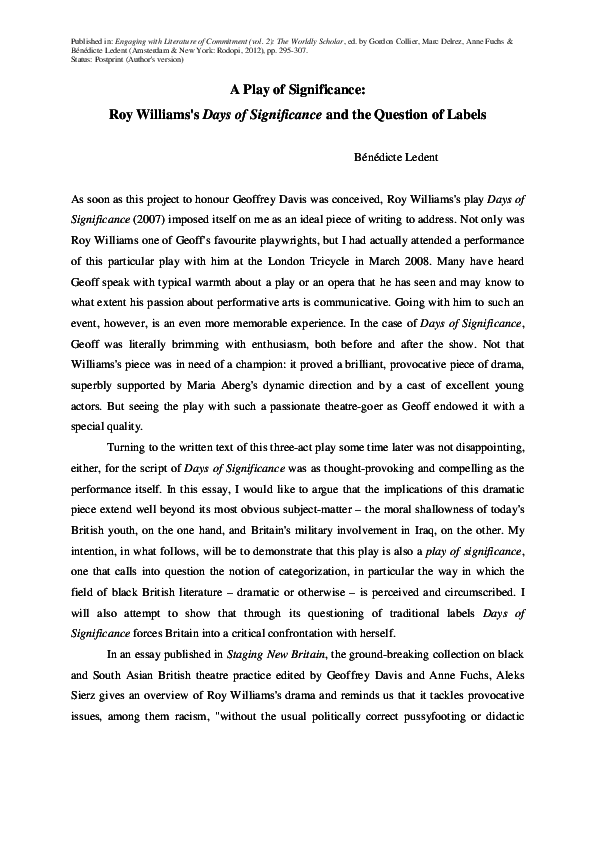 A Play of Significance: Roy Williams's Days of Significance and the ...