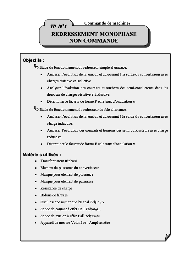 (PDF) REDRESSEMENT MONOPHASE NON COMMANDE TP N°1