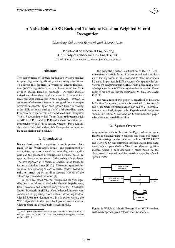 Pdf A Noise Robust Asr Back End Technique Based On Weighted Viterbi Recognition