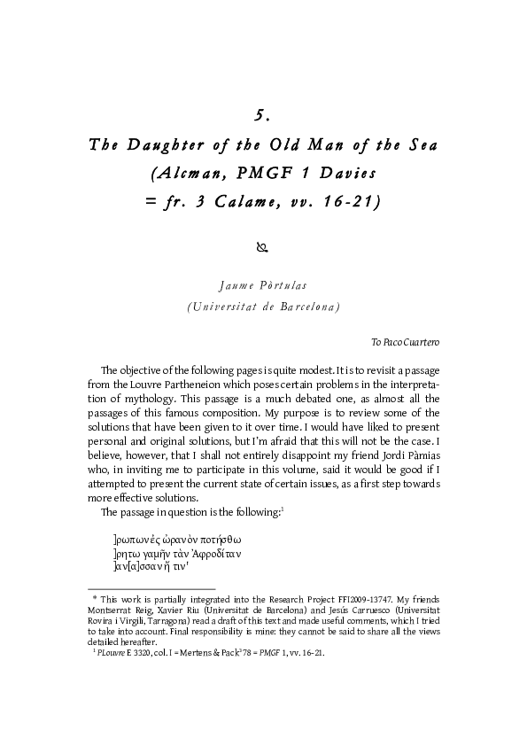 The Daughter of the Old Man of the Sea (Alcman, PMGF 1 D = fr. 3 Calame ...