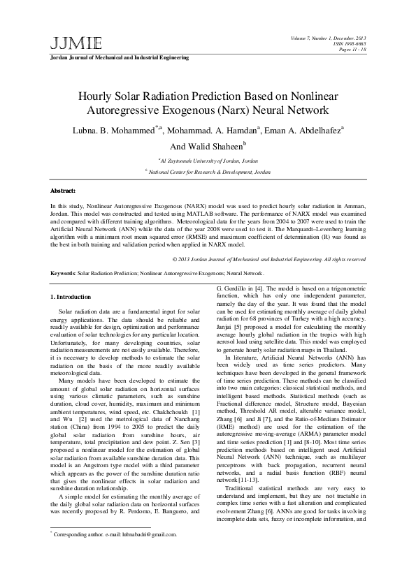 (PDF) Hourly Solar Radiation Prediction Based on Nonlinear Autoregressive Exogenous (Narx ...