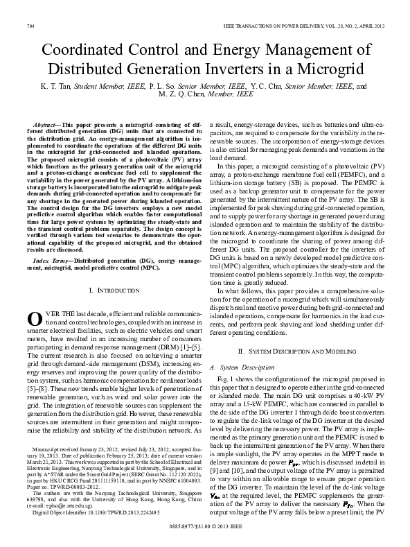 Pdf Coordinated Control And Energy Management Of Distributed Generation Inverters In A