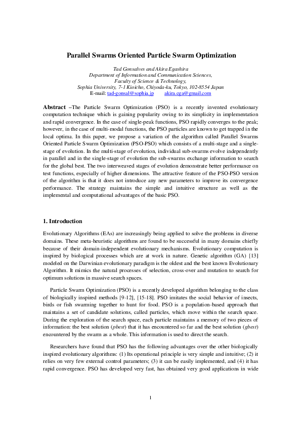 Pdf Parallel Swarms Oriented Particle Swarm Optimization