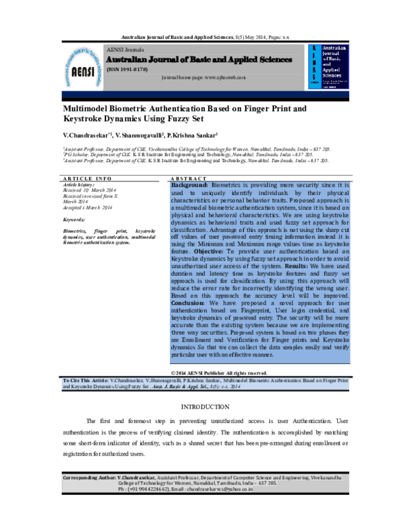 Pdf Multimodel Biometric Authentication Based On Finger Print And Keystroke Dynamics Using