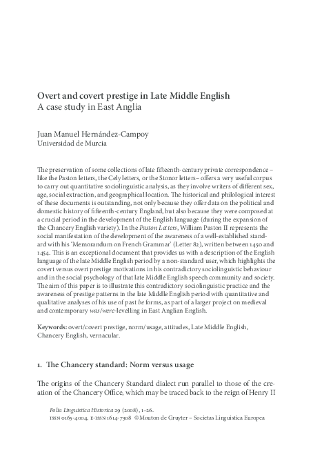 (PDF) Overt and covert prestige in Late Middle English