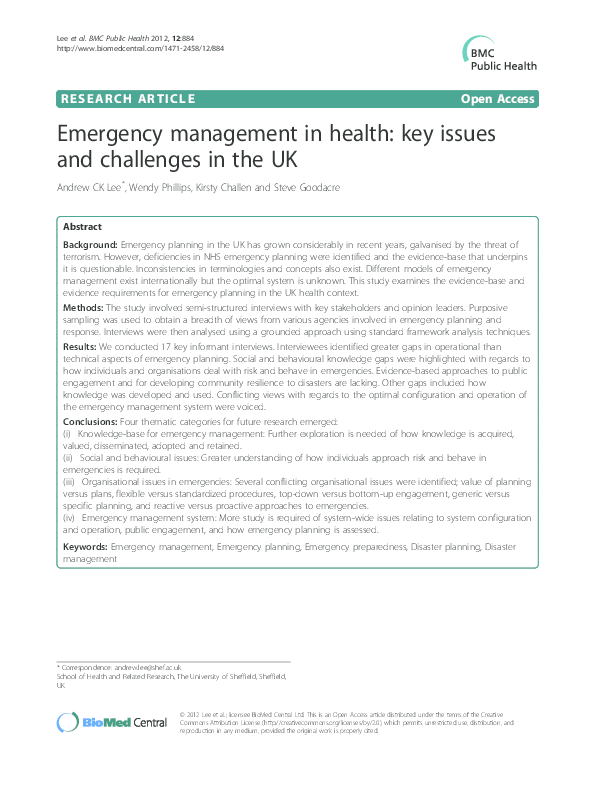 (PDF) RESEARCH ARTICLE Open Access Emergency management in health: key ...