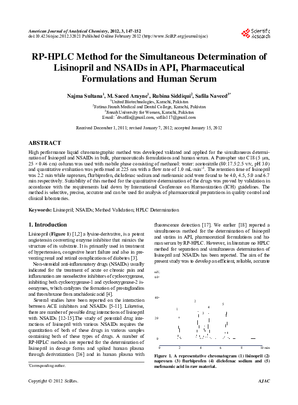 Pdf Rp Hplc Method For The Simultaneous Determination Of Lisinopril And Nsaids In Bulk