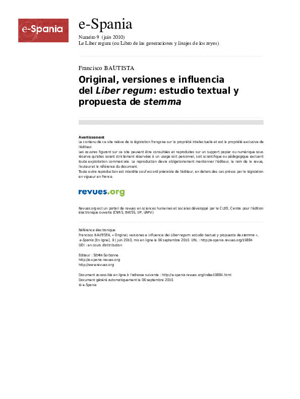 (PDF) Original, versiones e influencia del Liber regum: estudio textual ...