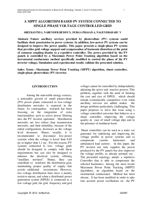 Pdf A Mppt Algorithm Based Pv System Connected To Single Phase Voltage Controlled Grid Libre 2