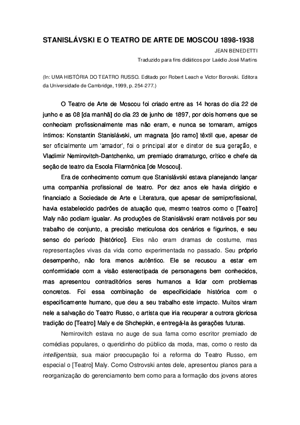 (PDF) STANISLÁVSKI E O TEATRO DE ARTE DE MOSCOU 1898-1938 (JEAN BENEDETTI)