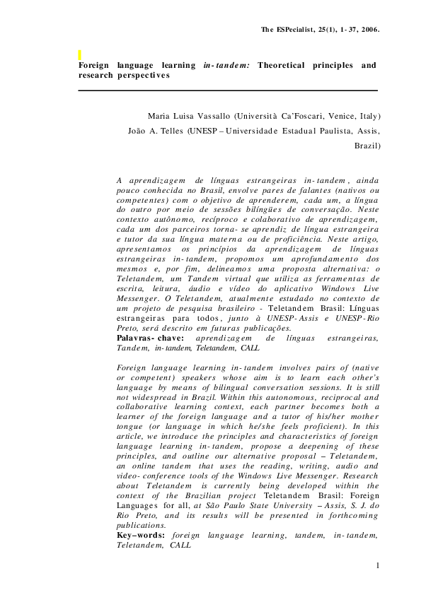 (PDF) Foreign language learning in-tandem Part II: Teletandem as an ...