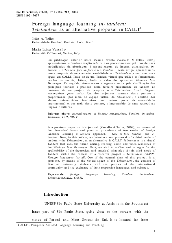 (PDF) Foreign language learning in-tandem Part I: A critical review of its theoretical and ...