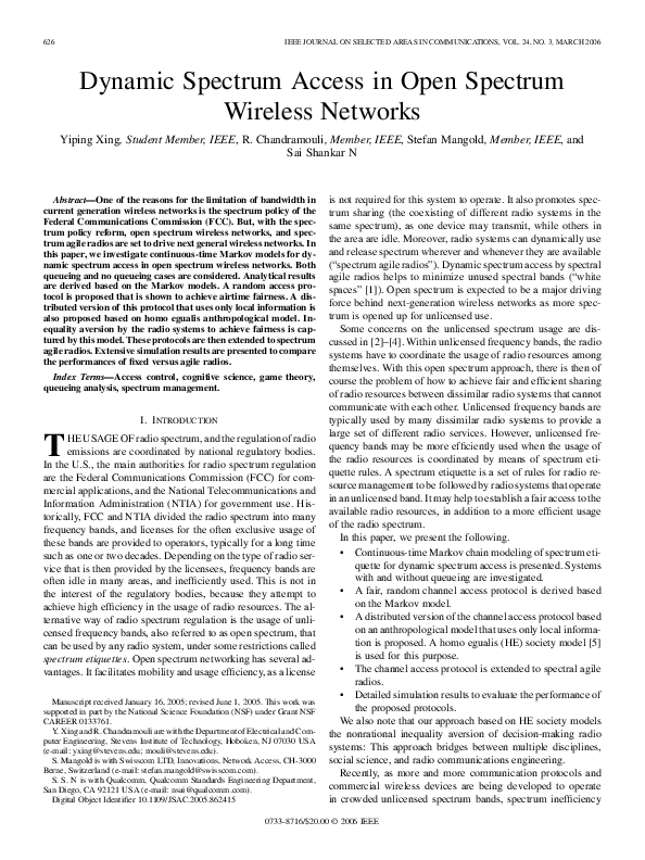 (PDF) Dynamic spectrum access in open spectrum wireless networks