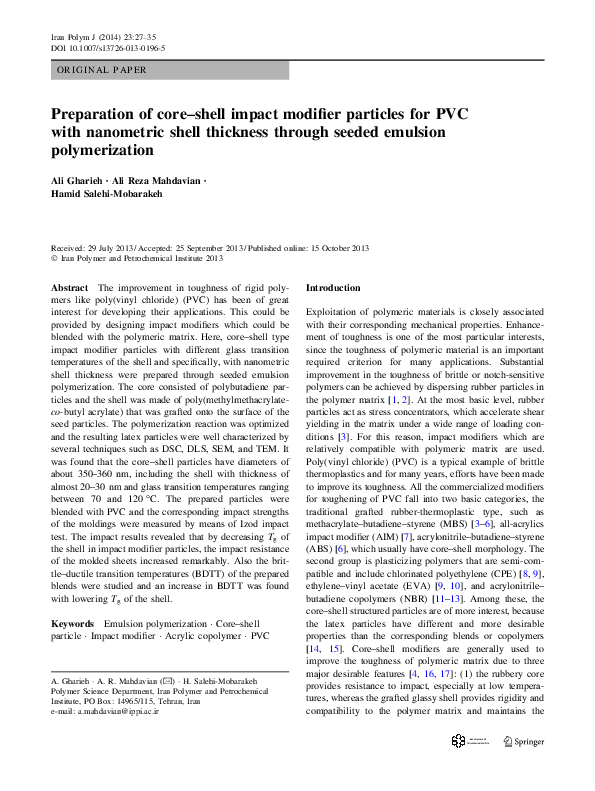 Pdf Preparation Of Core Shell Impact Modifier Particles For Pvc With