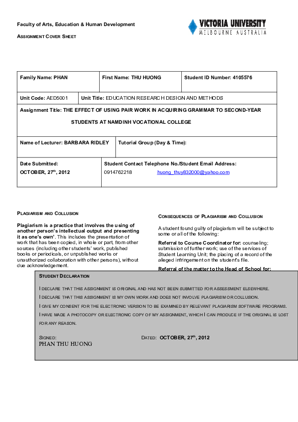 (DOC) Assignment Cover sheet