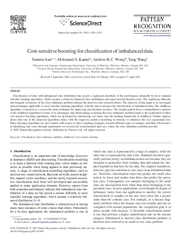 Pdf Cost Sensitive Boosting For Classification Of Imbalanced Data Andrew Wong