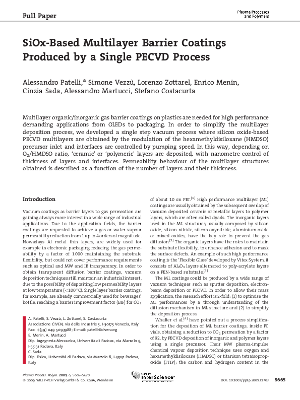 (PDF) SiOx-Based Multilayer Barrier Coatings Produced by a Single PECVD ...