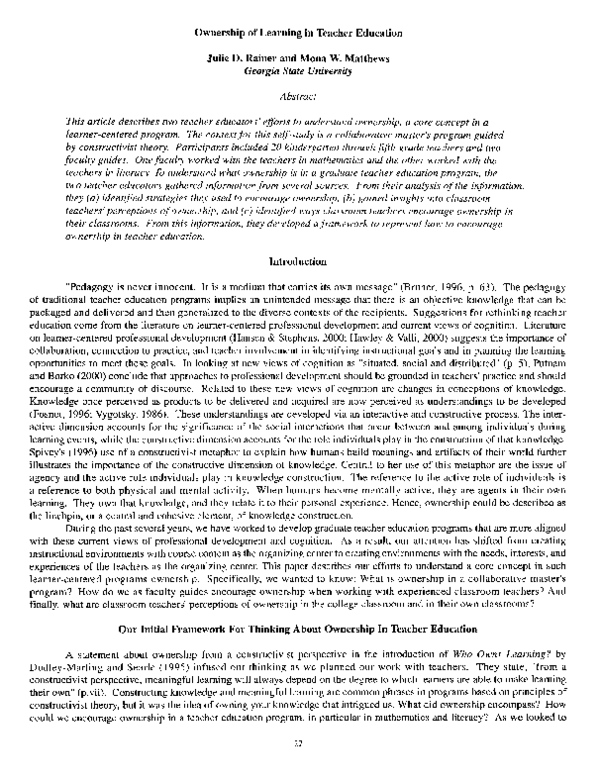 (PDF) Ownership of Learning in Teacher Education