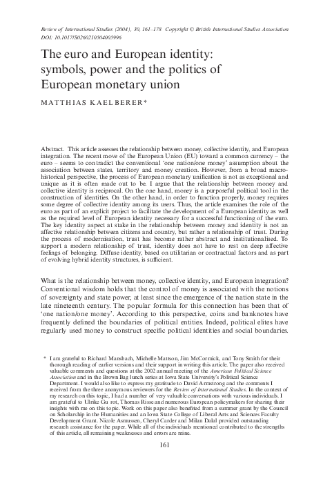 (PDF) The Euro and European Identity: Symbols, Power and the Politics ...
