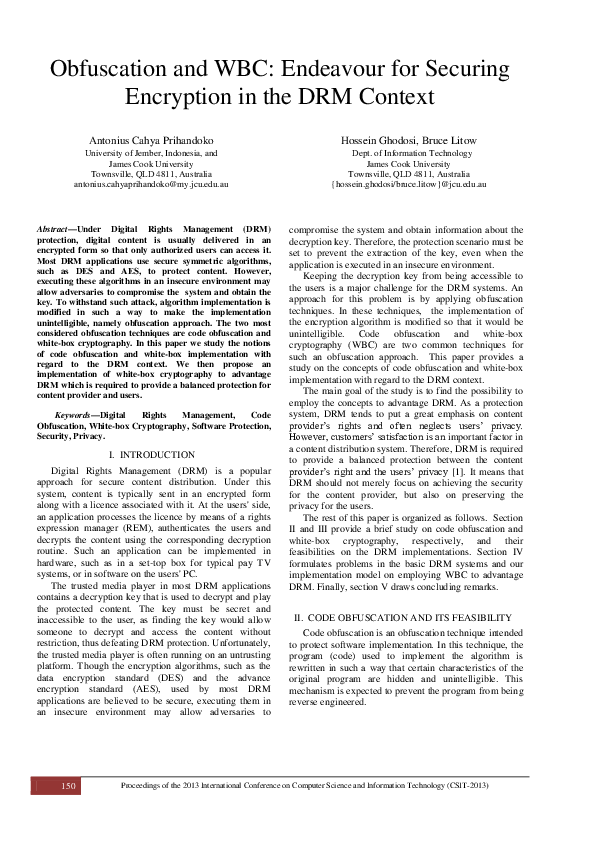 (PDF) Obfuscation and WBC: Endeavour for securing encryption in the DRM context