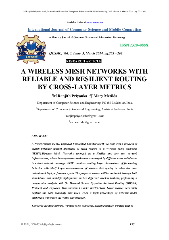 Pdf A Wireless Mesh Networks With Reliable And Resilient Routing By Cross Layer Metrics