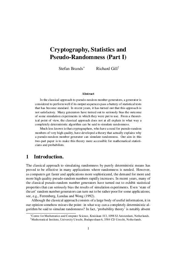 Pdf Cryptography Statistics And Pseudo Randomness Part I