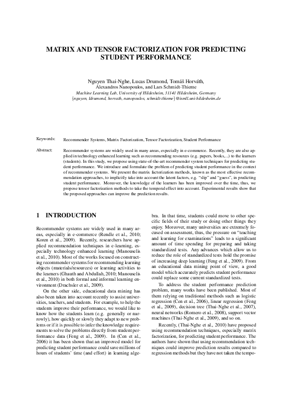 (PDF) MATRIX AND TENSOR FACTORIZATION FOR PREDICTING STUDENT PERFORMANCE