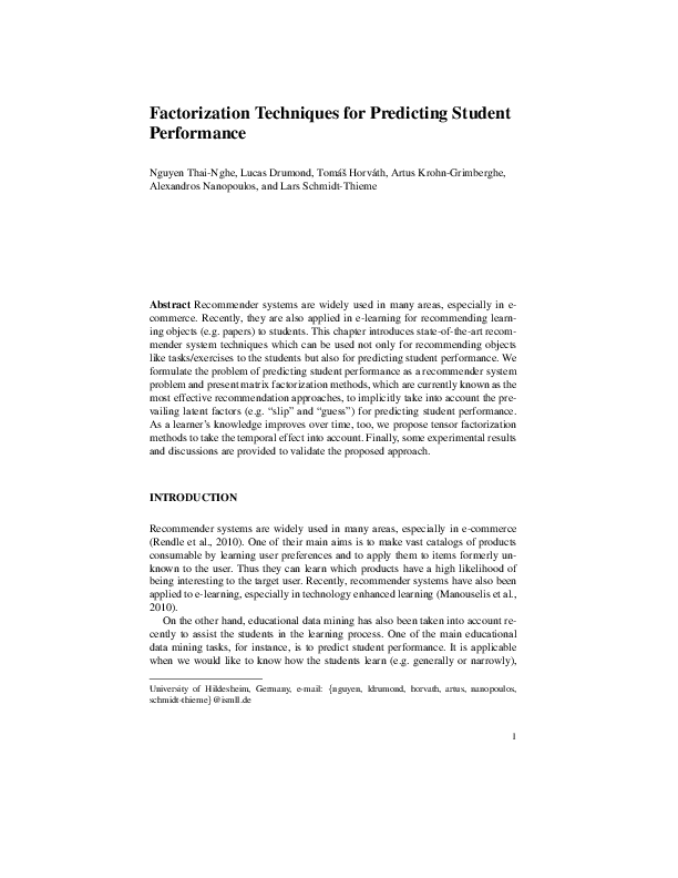 (PDF) Factorization Techniques for Predicting Student Performance