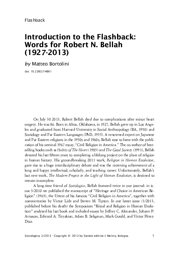 (PDF) Introduction to the Flashback: Words for Robert N. Bellah (1927-2013)