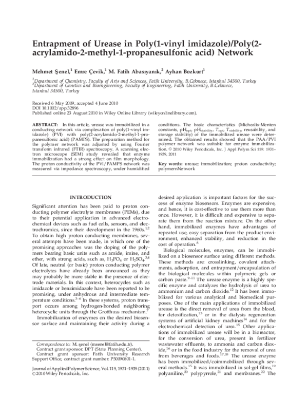 (PDF) Entrapment of urease in poly(1-vinyl imidazole)/poly(2-acrylamido ...