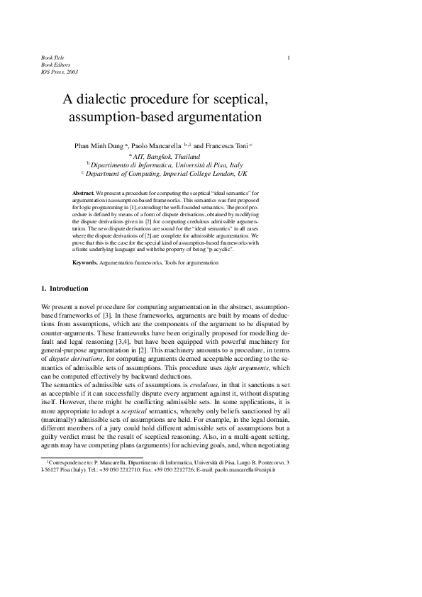 Pdf A Dialectic Procedure For Sceptical Assumption Based Argumentation