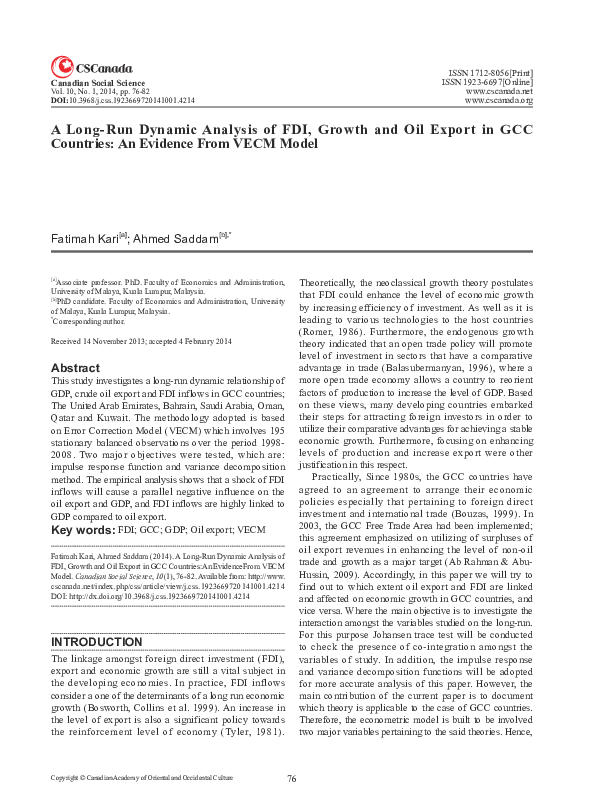 (PDF) A Long-Run Dynamic Analysis of FDI, Growth and Oil Export in GCC ...