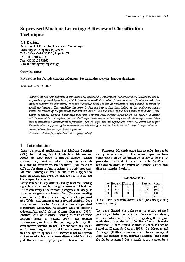 (PDF) Supervised Machine Learning: A Review of Classification Techniques