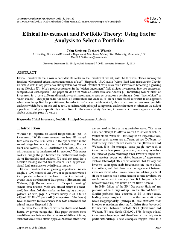 (PDF) Ethical Investment and Portfolio Theory: Using Factor Analysis to ...