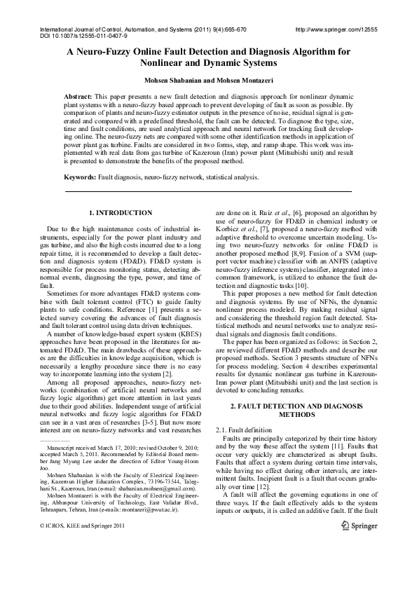 Pdf A Neuro Fuzzy Online Fault Detection And Diagnosis Algorithm For Nonlinear And Dynamic Systems