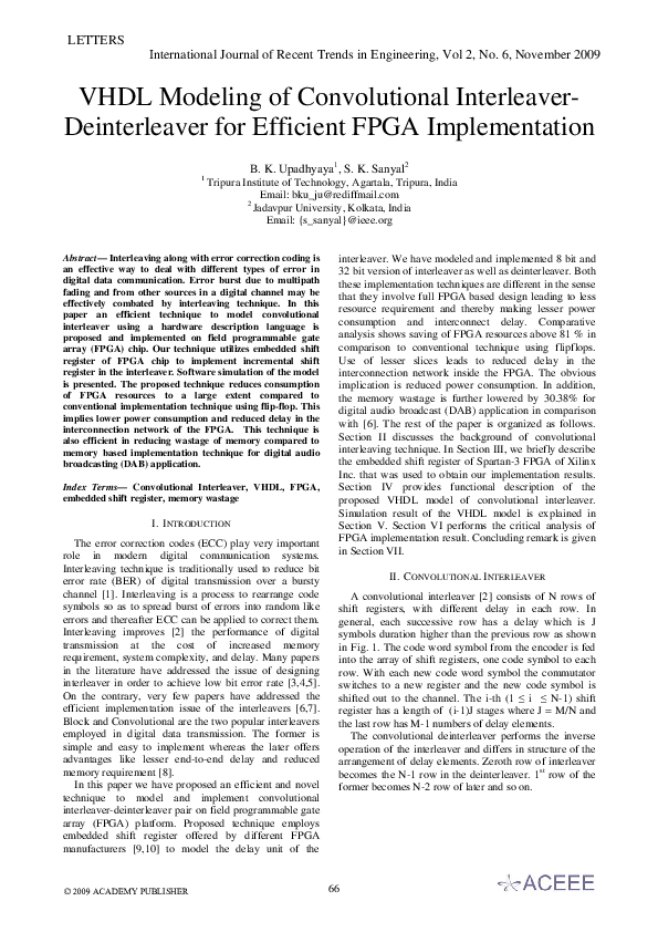 (PDF) VHDL Modeling of Convolutional Interleaver- Deinterleaver for Efficient FPGA Implementation