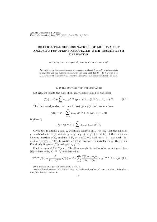 DIFFERENTIAL SUBORDINATIONS OF MULTIVALENT ANALYTIC FUNCTIONS ASSOCIATED WITH RUSCHEWEYH DERIVATIVE