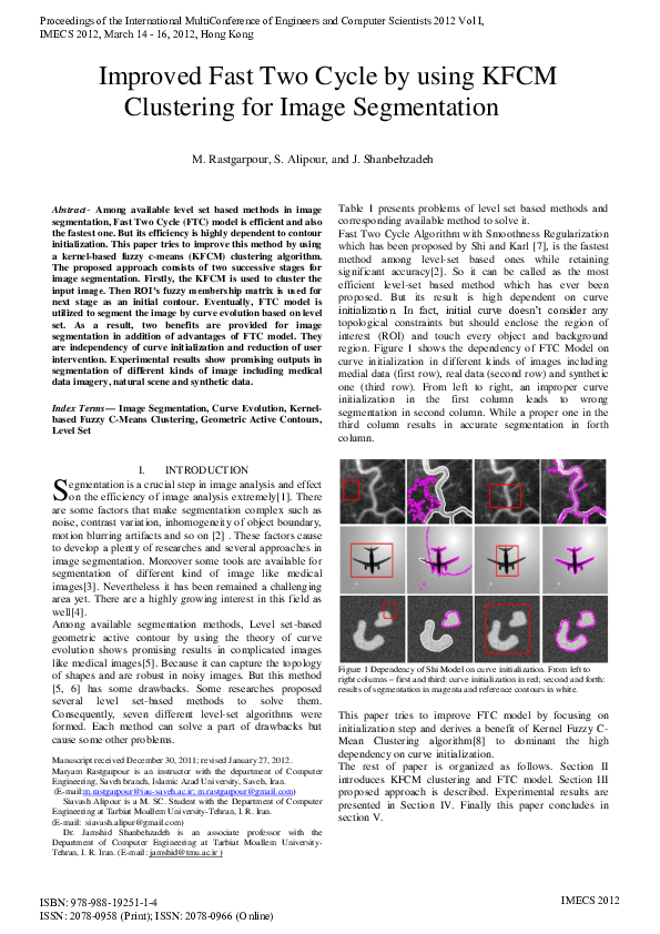 Pdf Improved Fast Two Cycle By Using Kfcm Clustering For Image Segmentation 