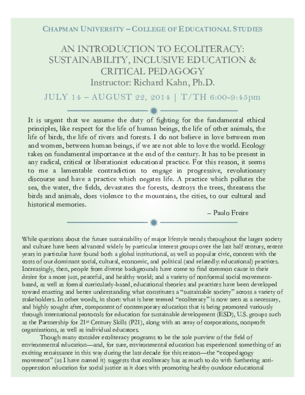 (PDF) An Introduction to Ecoliteracy: Sustainability, Inclusive ...