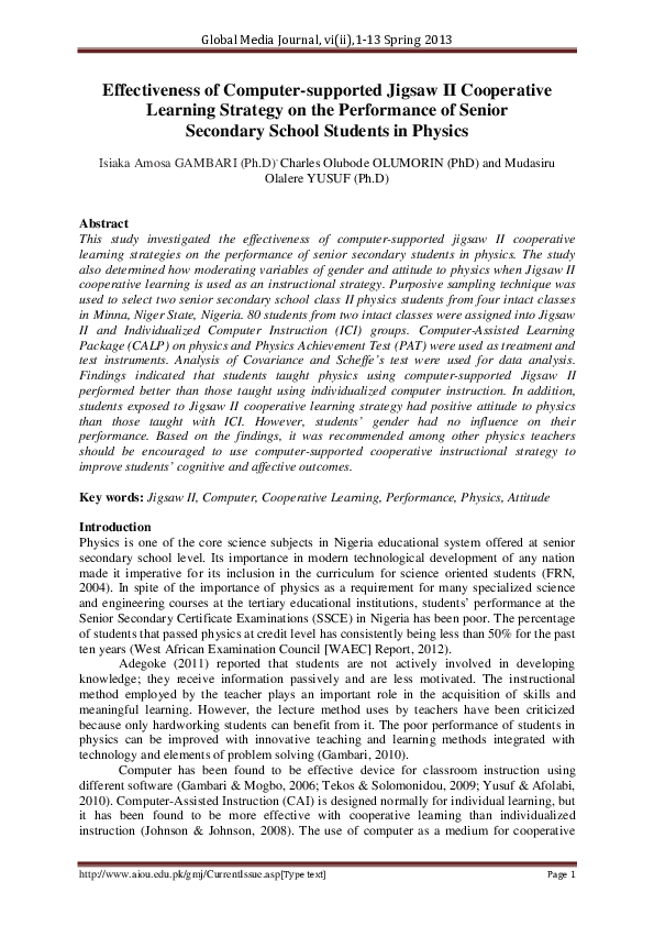 (PDF) Effectiveness of Computer-supported Jigsaw II Cooperative Learning Strategy