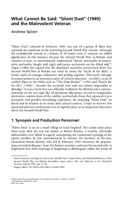 (PDF) 'What Cannot Be Said: "Silent Dust" (1949) and the Malevolent Veteran'