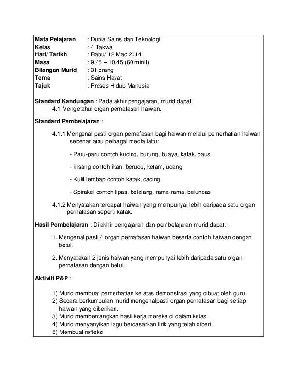 (DOC) Rancangan Pengajaran Harian Sains Tahun 4