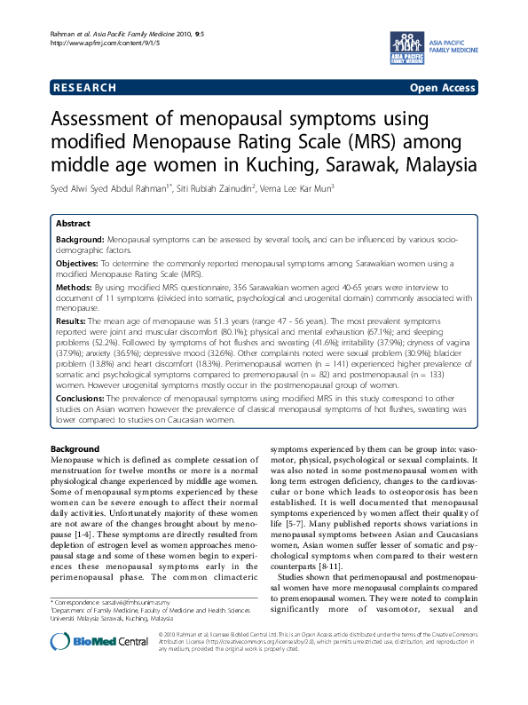 (PDF) Assessment of menopausal symptoms using modified Menopause Rating ...