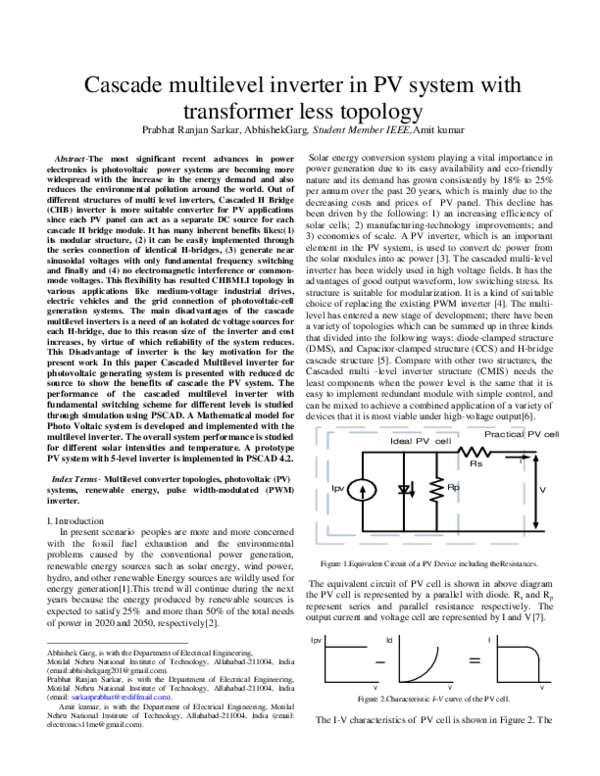 (PDF) Cascade multilevel inverter in PV system with transformer less topology