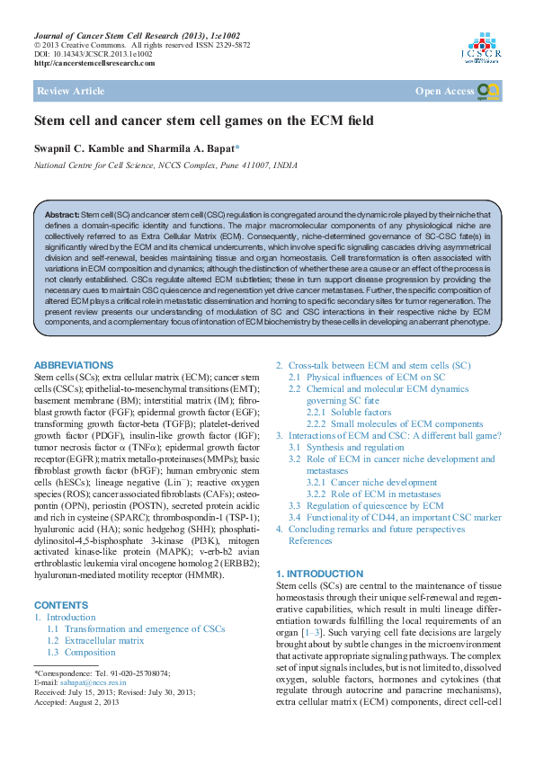(PDF) Stem Cell and Cancer Stem Cell Games in the ECM Field