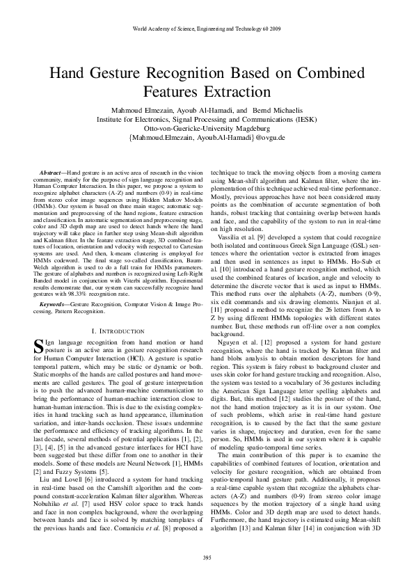 (PDF) Hand Gesture Recognition Based on Combined Features Extraction